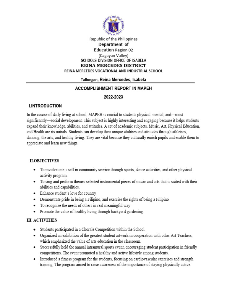 MAPEH Accomplishment Report 2022-2023 | PDF | Physical Education | Teachers