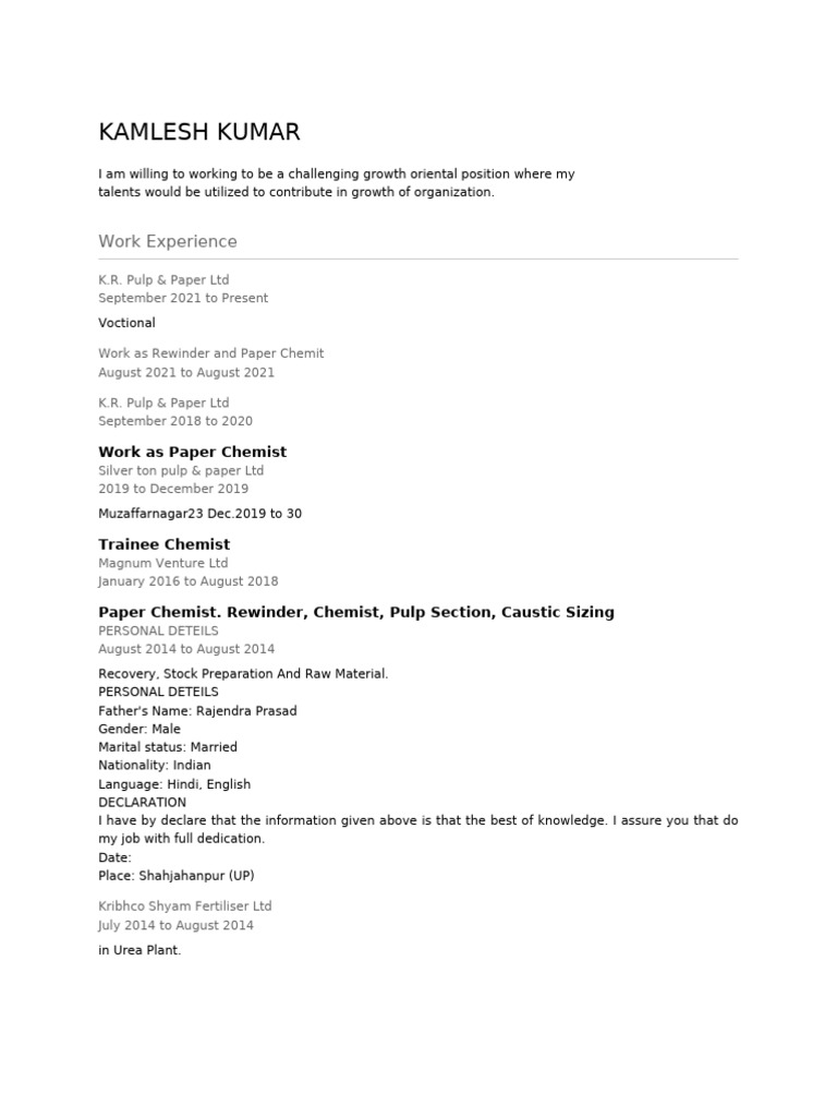 Kamlesh Kumar: Chemical Engineer Resume | PDF
