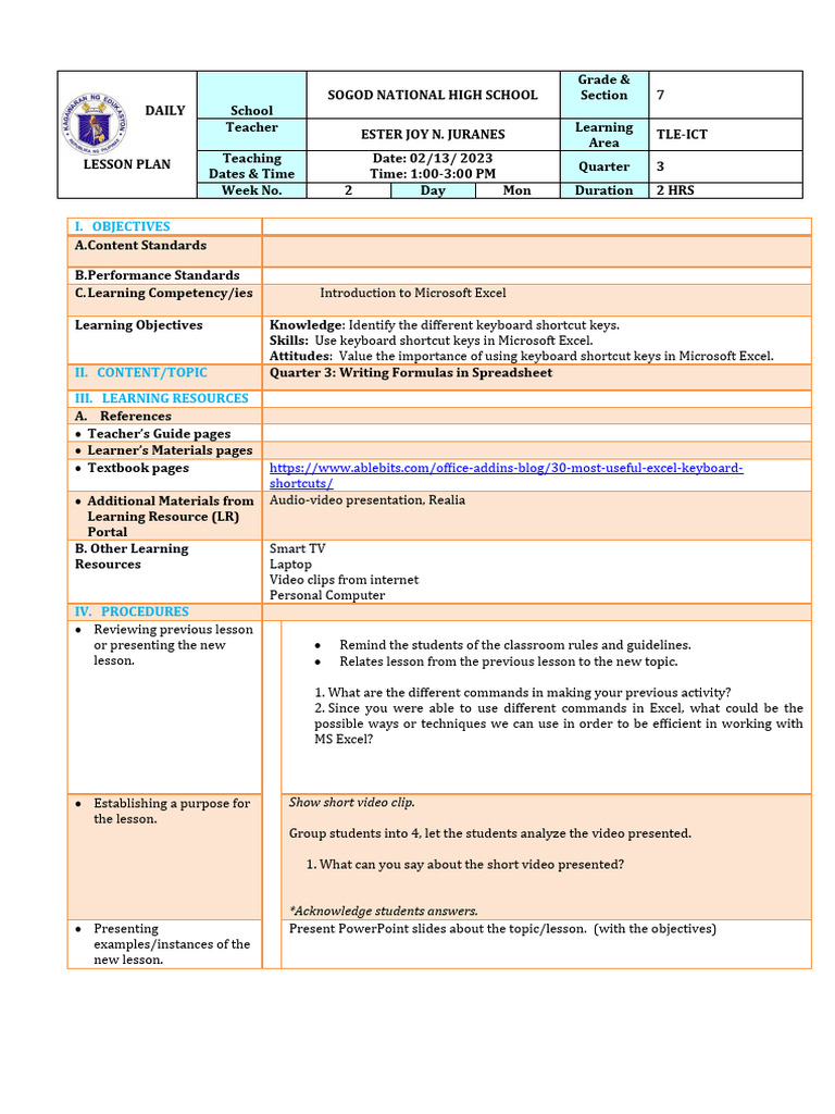 Excel Keyboard Shortcuts Lesson Plan | PDF | Microsoft Excel | Spreadsheet