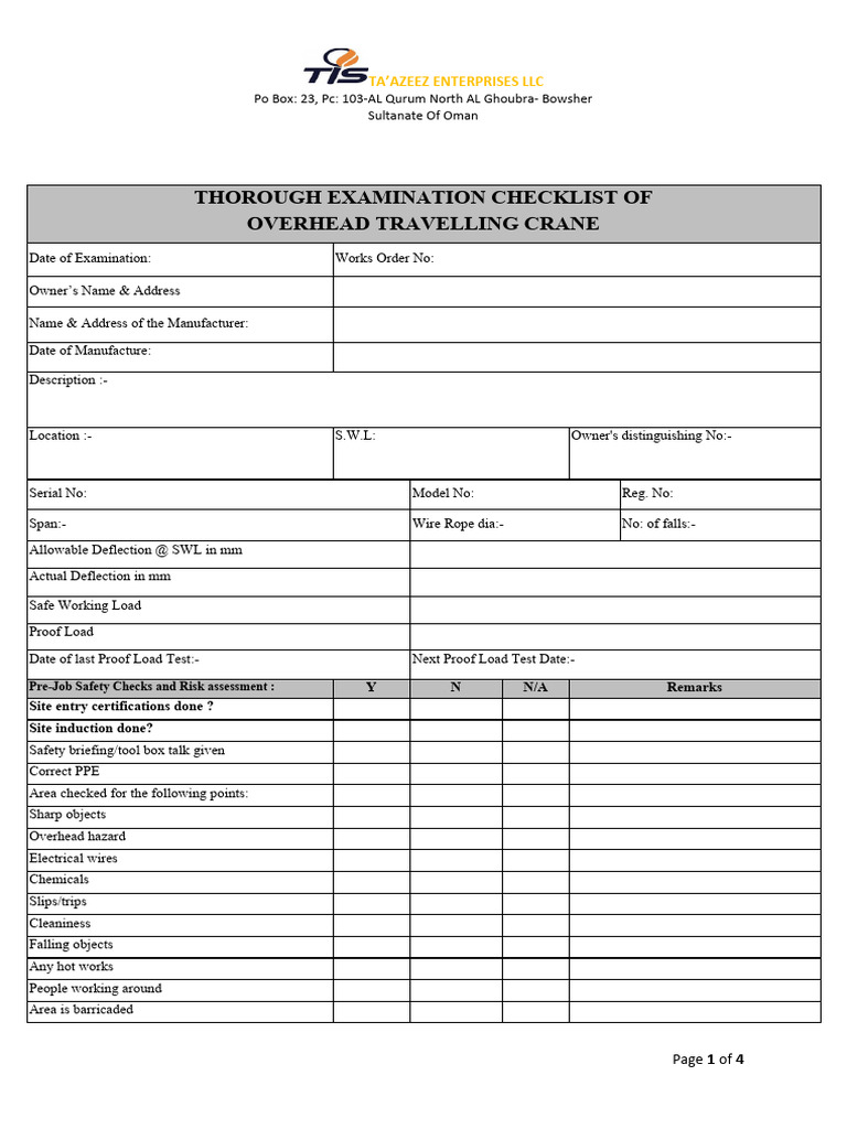 Overhead Crane Checklist | PDF | Axle | Bearing (Mechanical)
