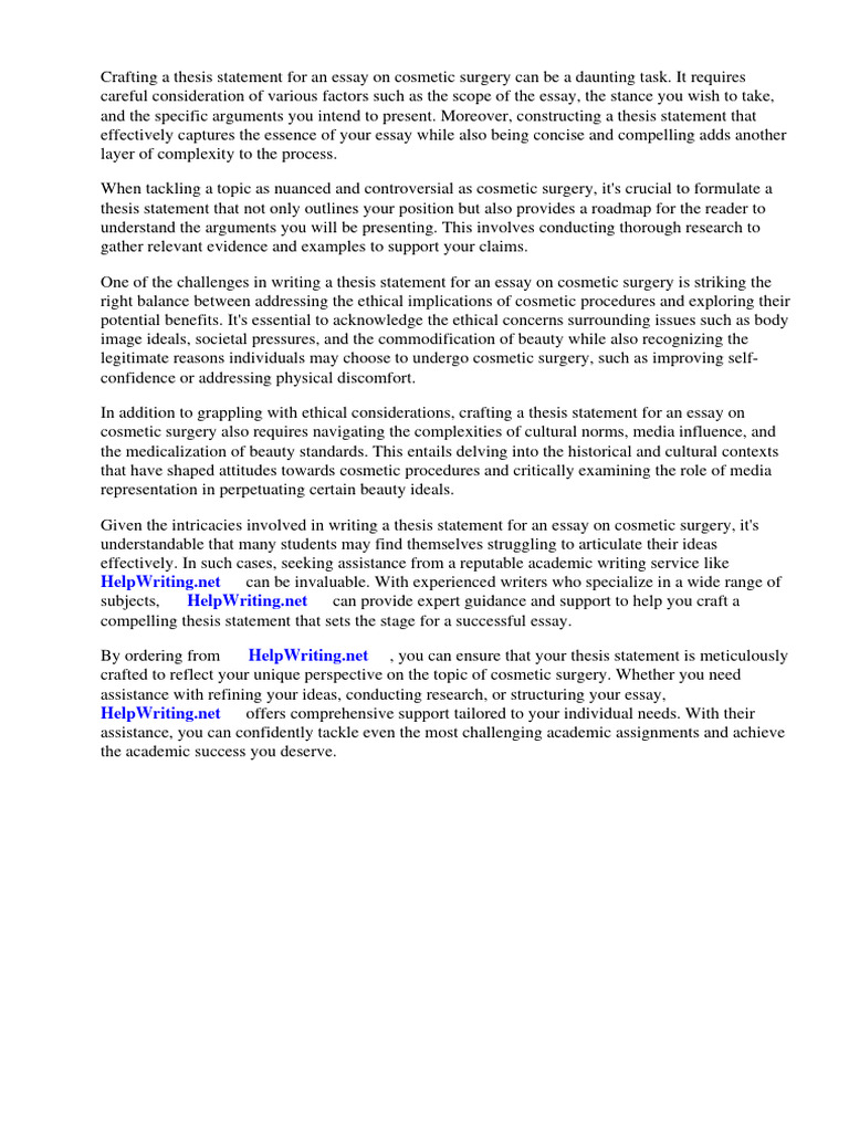 Examples of Thesis Statement for Essay on Cosmetic Surgery | PDF