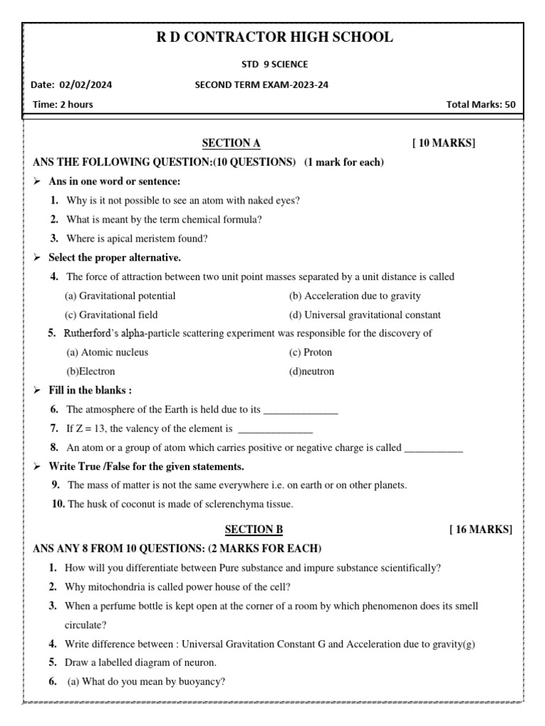SCIENCE R D SECOND TERM Question Paper | PDF | Atoms | Mass