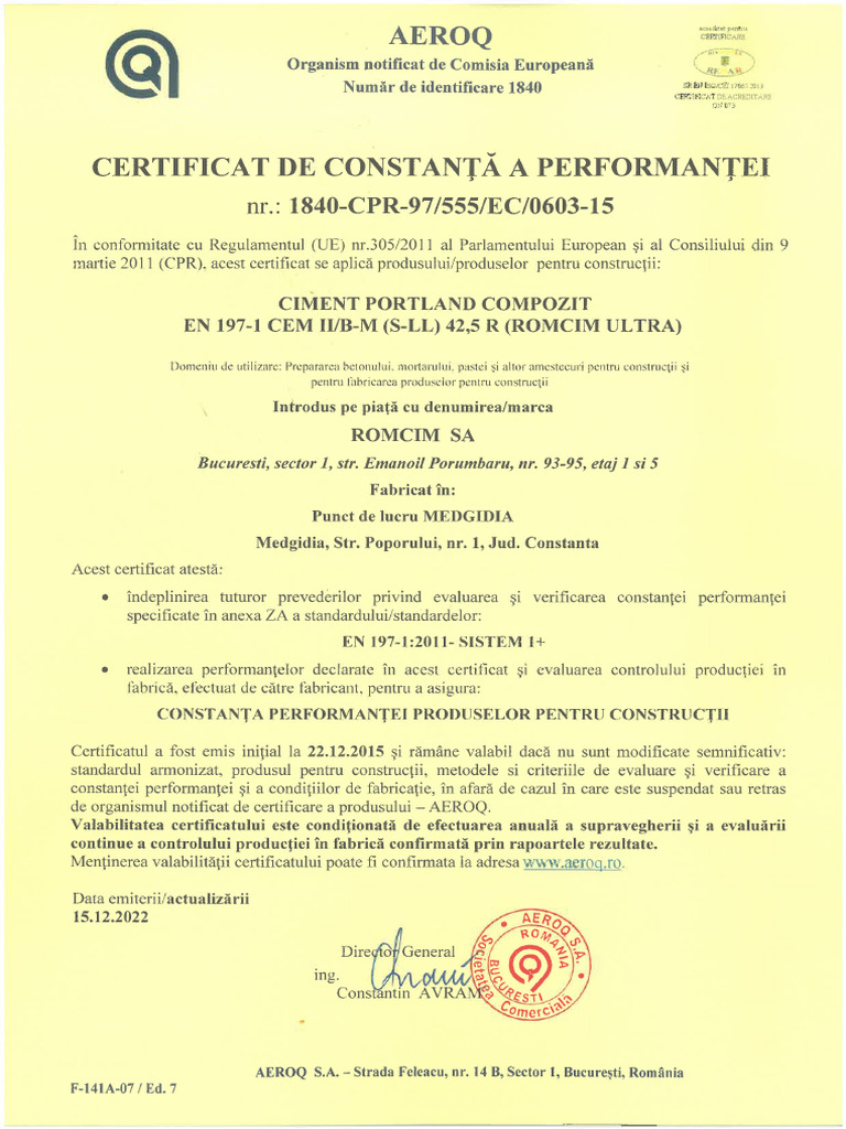 M Certificat de Constanta Performantei Romcim Ultra 2 | PDF