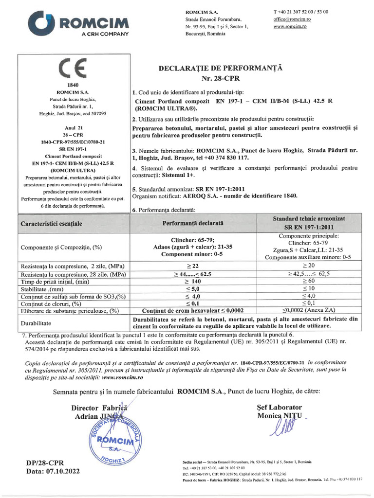 H-Declaratie-de-performanta-ROMCIM-ULTRA-3 | PDF