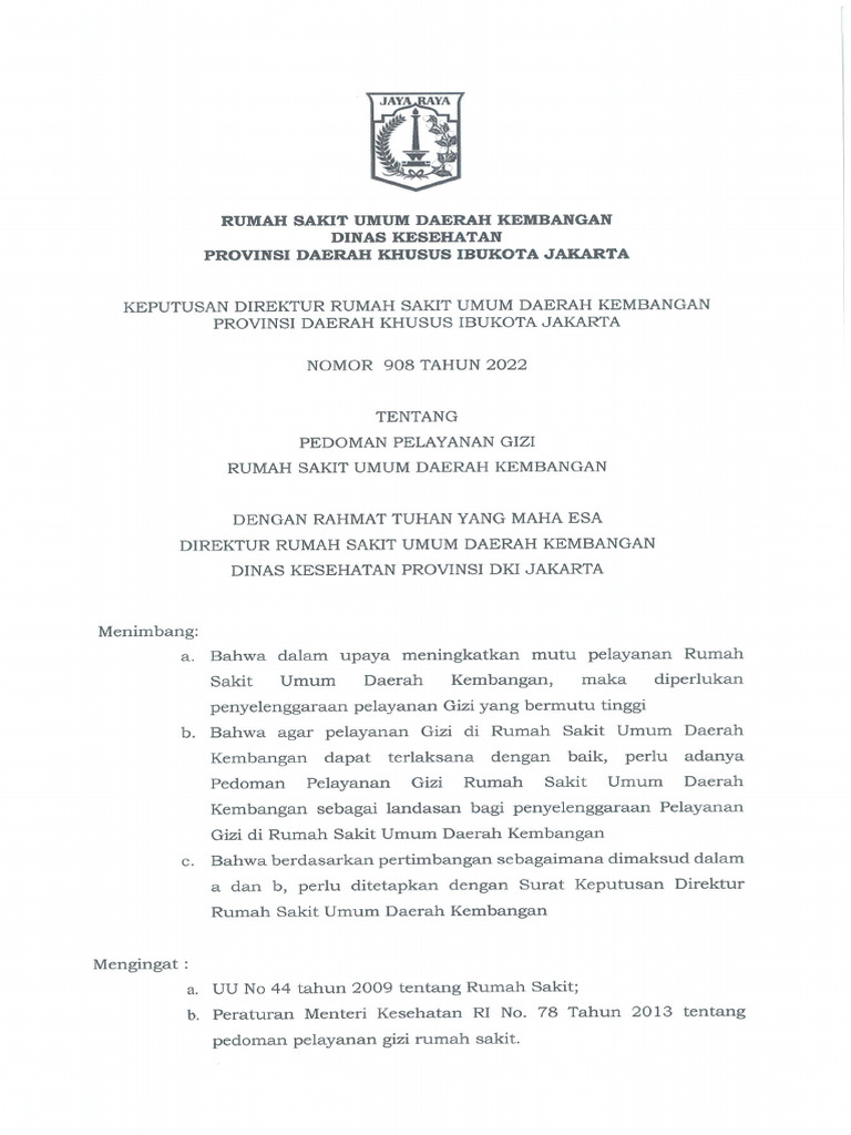 SK Pedoman Pelayanan Gizi | PDF