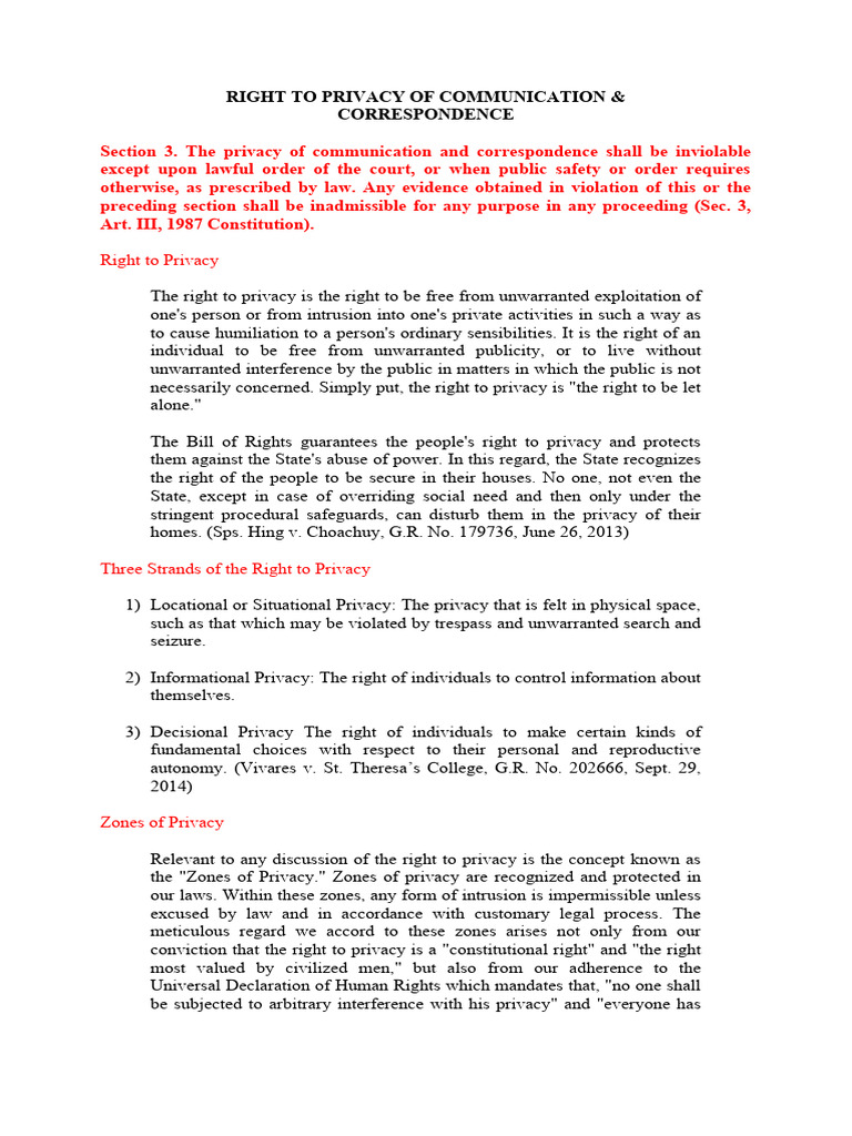 Sec. 3. Right To Privacy of Communication & Correspondence (2023) | PDF ...