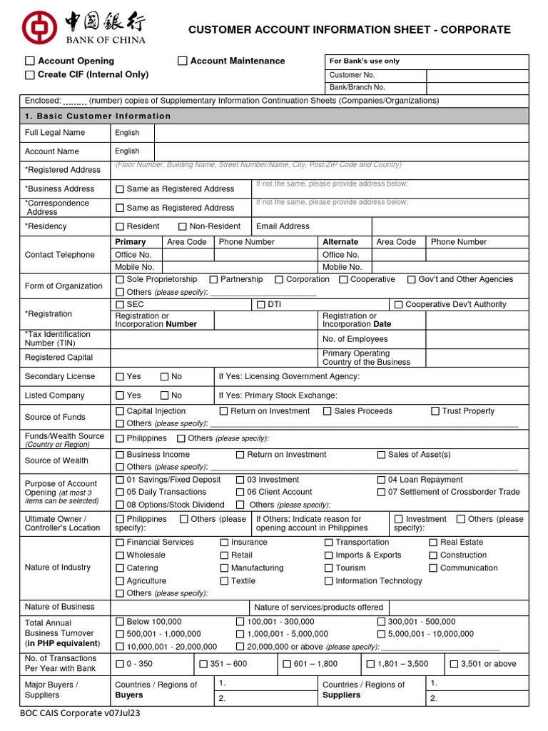CustomerAccountInformationSheet (CAIS) Corporate | PDF