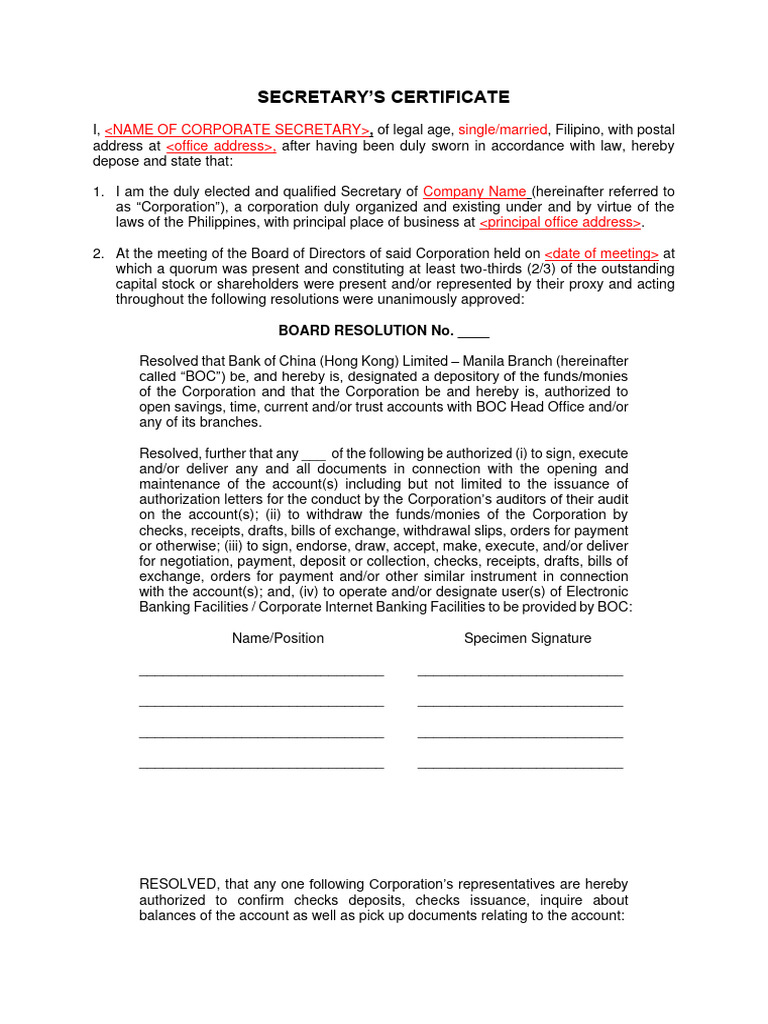 Secretary_Certificate | PDF | Banking | Financial Services