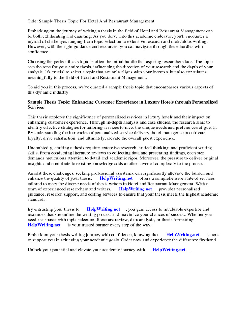 Sample Thesis Topic For Hotel and Restaurant Management | PDF