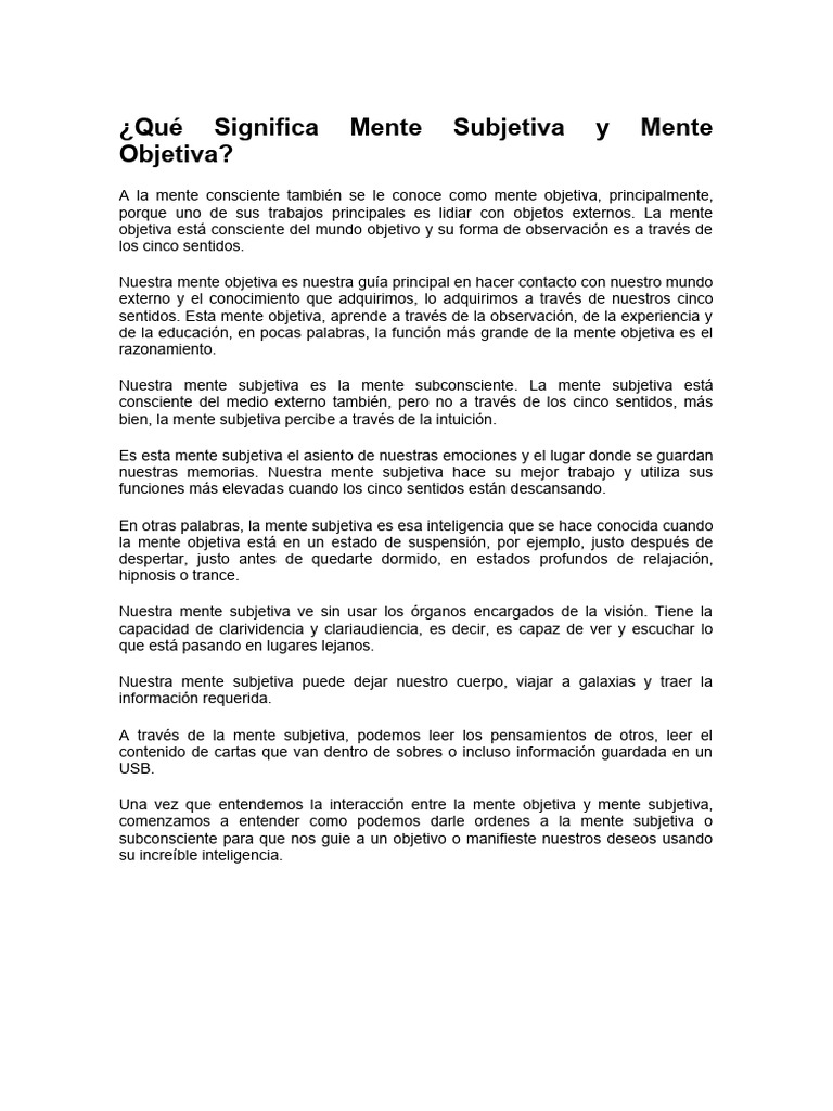 Qué Significa Mente Subjetiva y Mente Objetiva | PDF