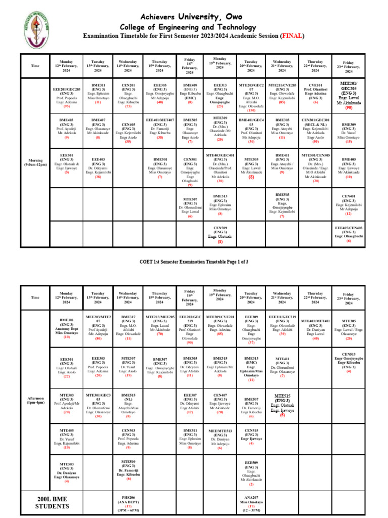 COET 1st Semester 2023-2024 Examination Timetable (FINAL)V2-5 | PDF | Academic Term | Schools