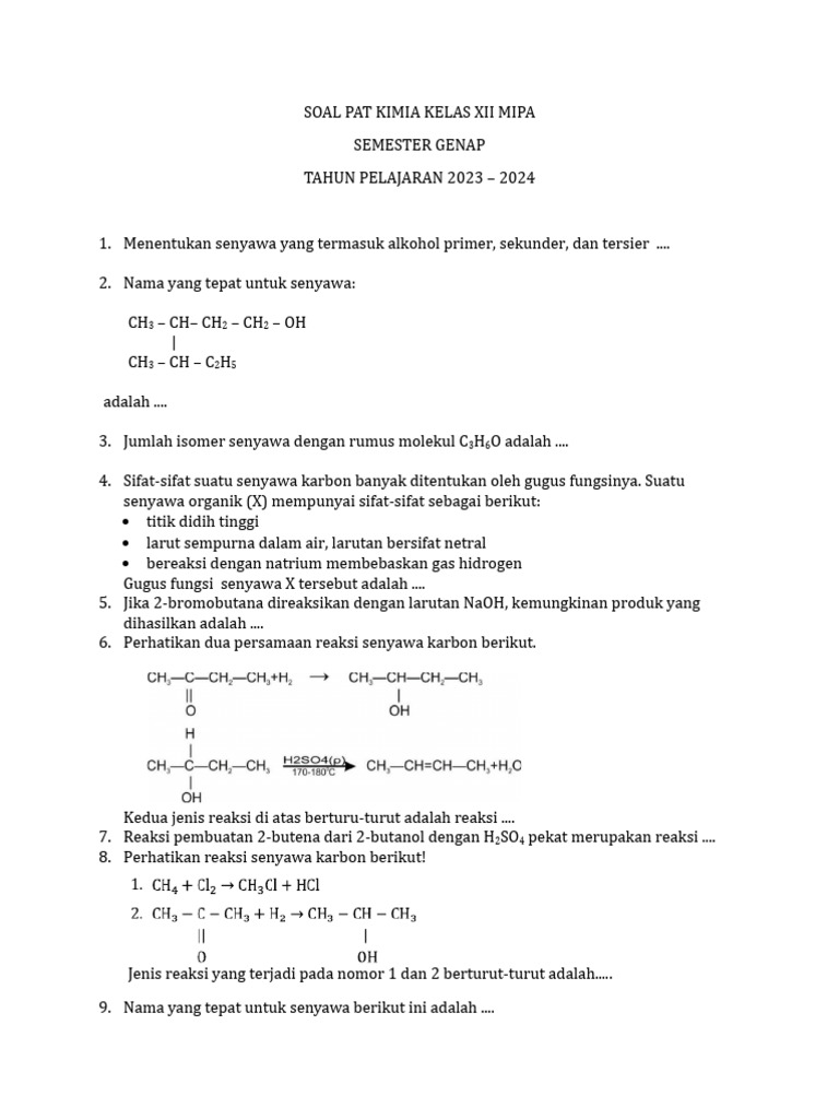 Kisi-Kisi Pat Kimia Kelas Xii Mipa | PDF