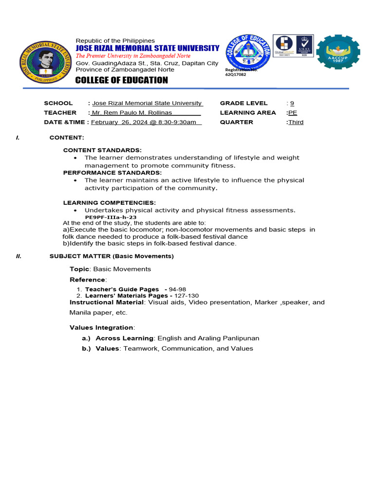 Lesson Plan PE Basic Movement | PDF