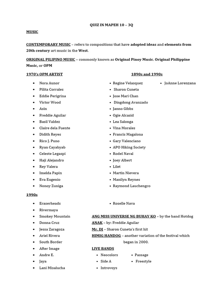 Quiz in Mapeh 10 3Q Music | PDF | Art