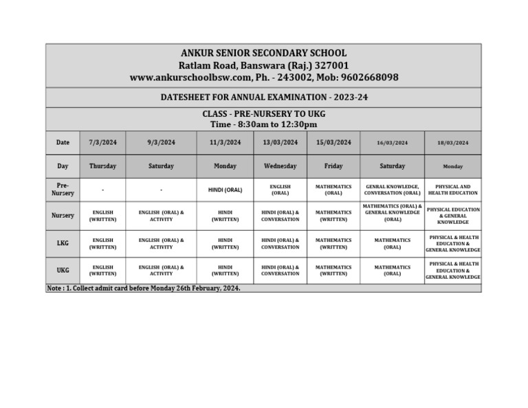 Pre - Nursery To Ukg Annual Exam Time Table | PDF