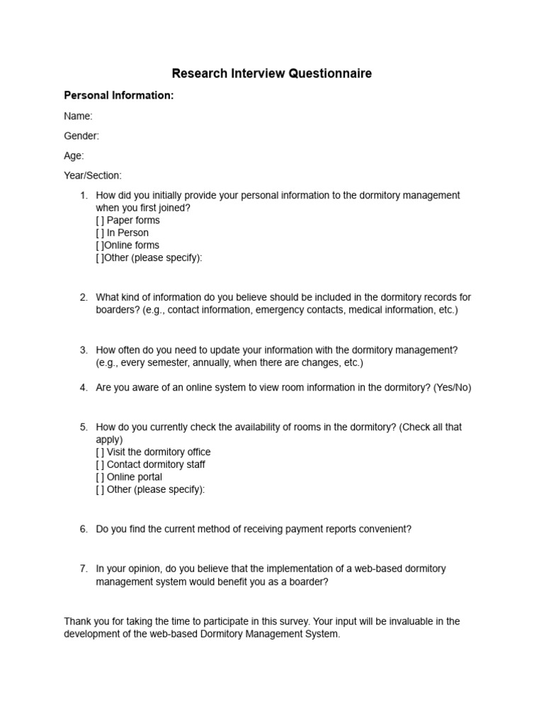 Research Interview Questionnaire Dormitory Management System | PDF
