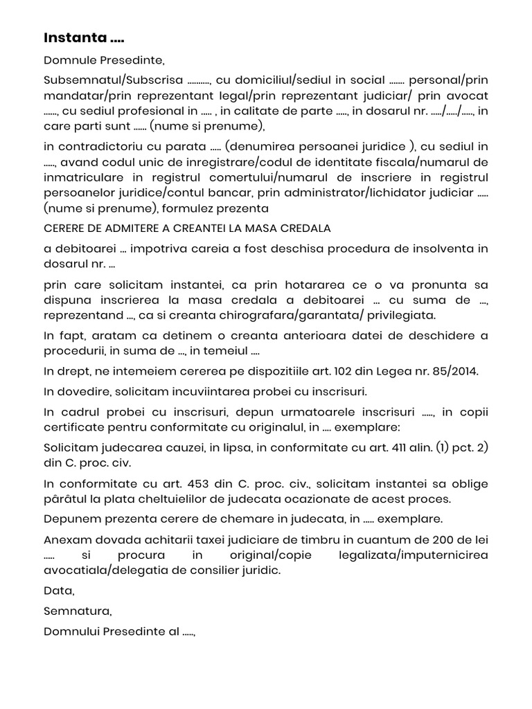 Cerere admitere creanță la masa credală | PDF