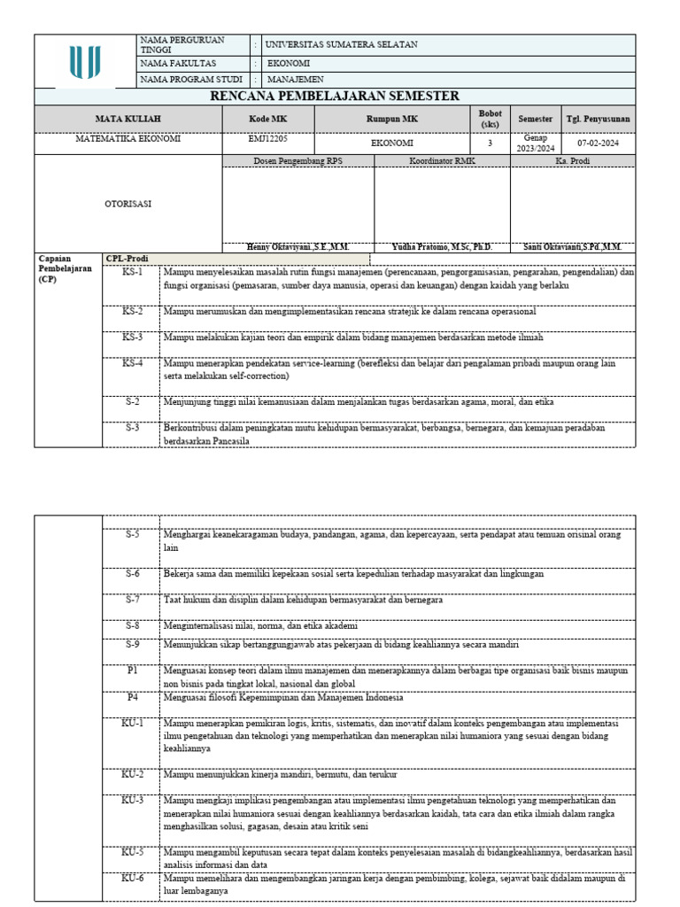 RPS Matematika Ekonomi | PDF