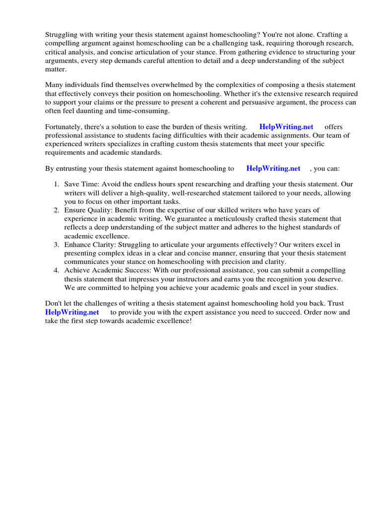 Thesis Statement Against Homeschooling | PDF | Essays | Homeschooling