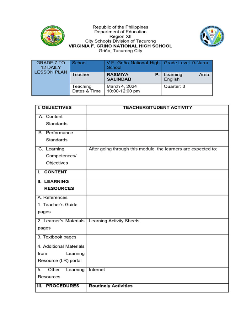 DAILY LESSON PLAN format - Copy | PDF