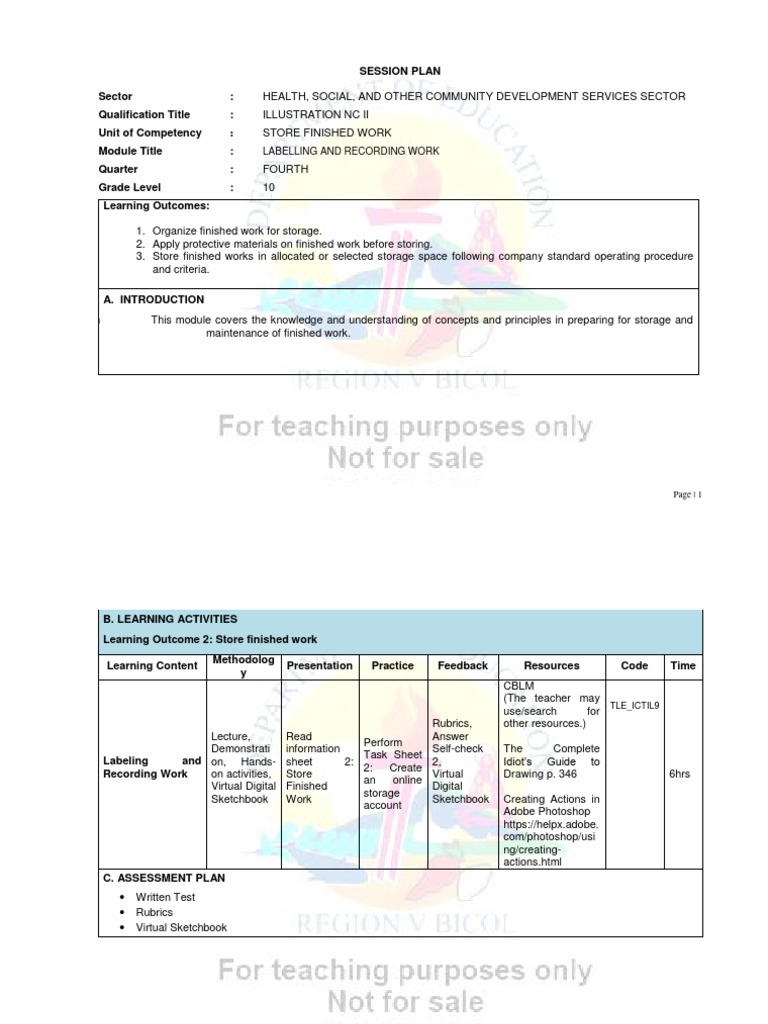 Fourth Quarter Session Plan: Illustration NC II | PDF | Learning | Rubric (Academic)