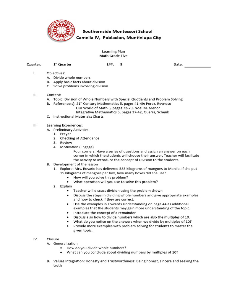 Division of Whole Numbers With Special Quotients and Problem Solving ...