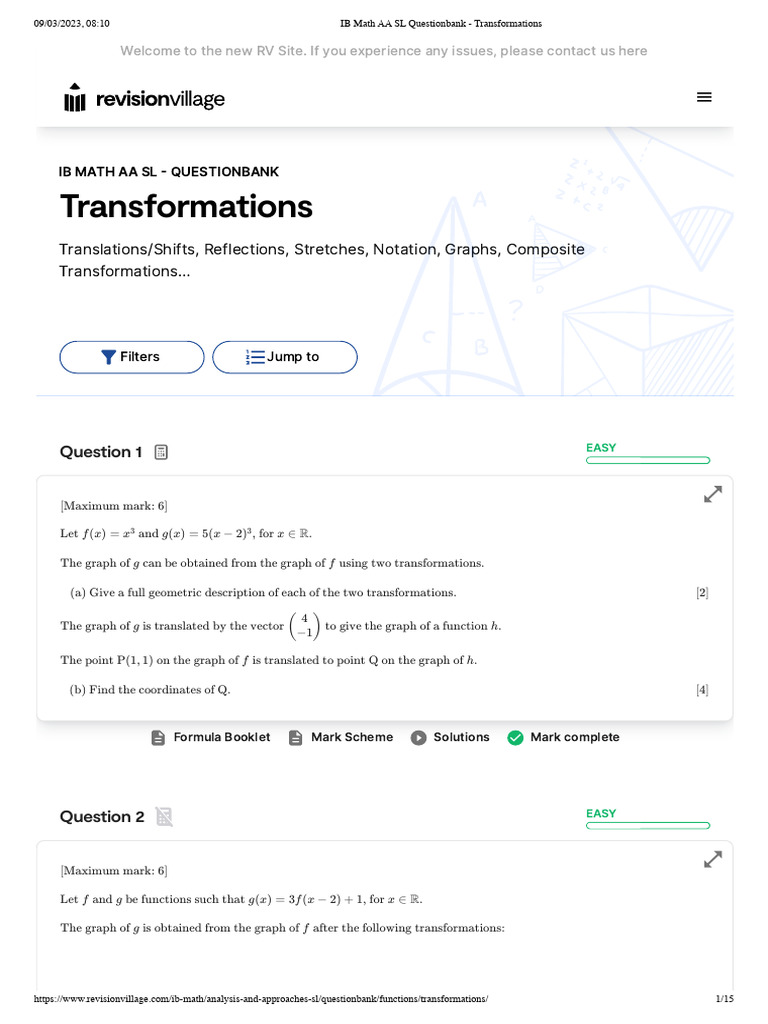 IB Math AA SL Questionbank - Transformations | PDF