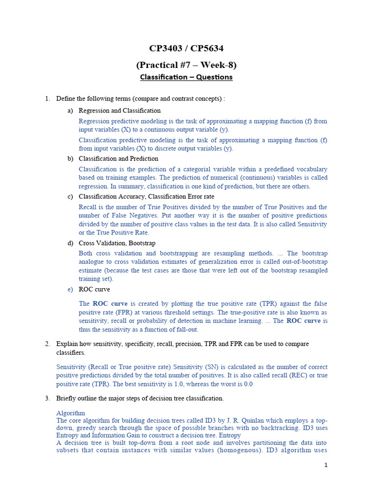 Practical 7 Classification Revision Questions | PDF | Sensitivity And ...