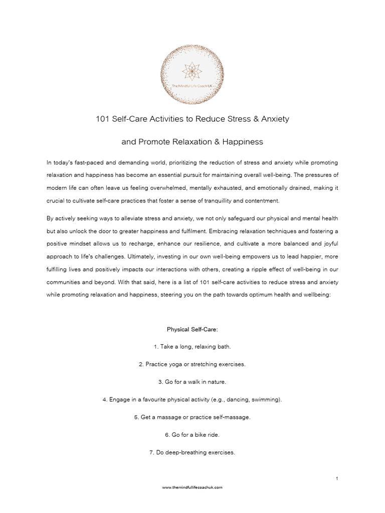 101 Self Care Activities | PDF | Happiness | Relaxation (Psychology)