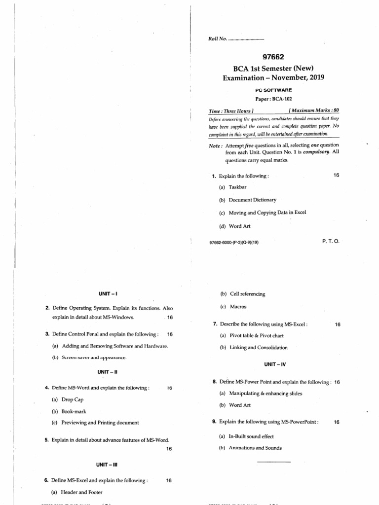 Bca 1 Sem PC Software 97662 Nov 2019 | PDF