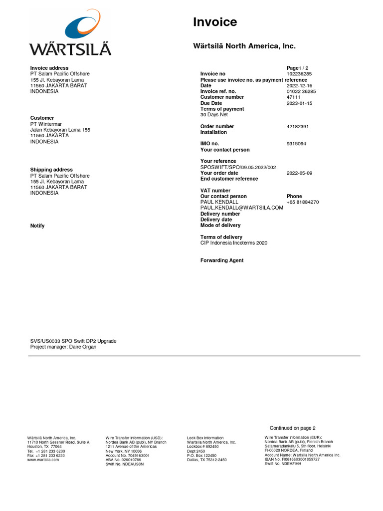 Spo Ap4 Swift-2022-1395 102236285 Wartsila | PDF | Wire Transfer | Invoice