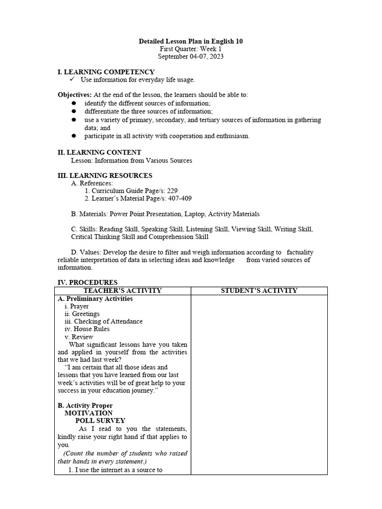 Detailed Lesson Plan in English 10 - Sources of Information | Download ...