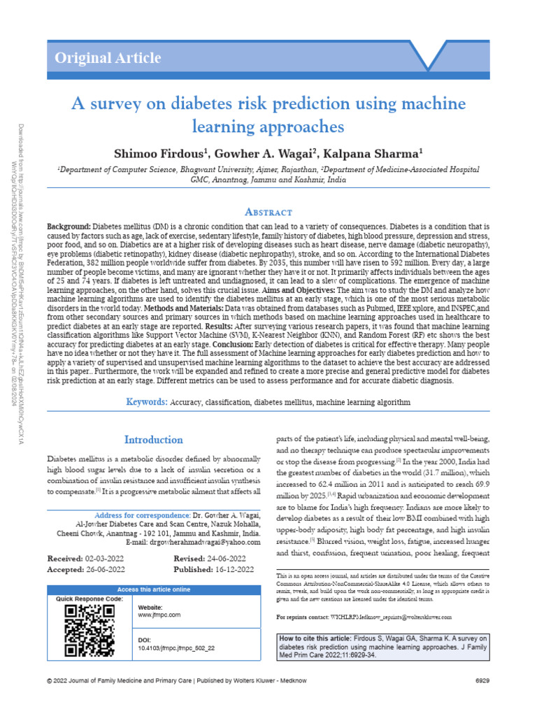 A Survey On Diabetes Risk Prediction Using Machine.50 | PDF | Machine ...