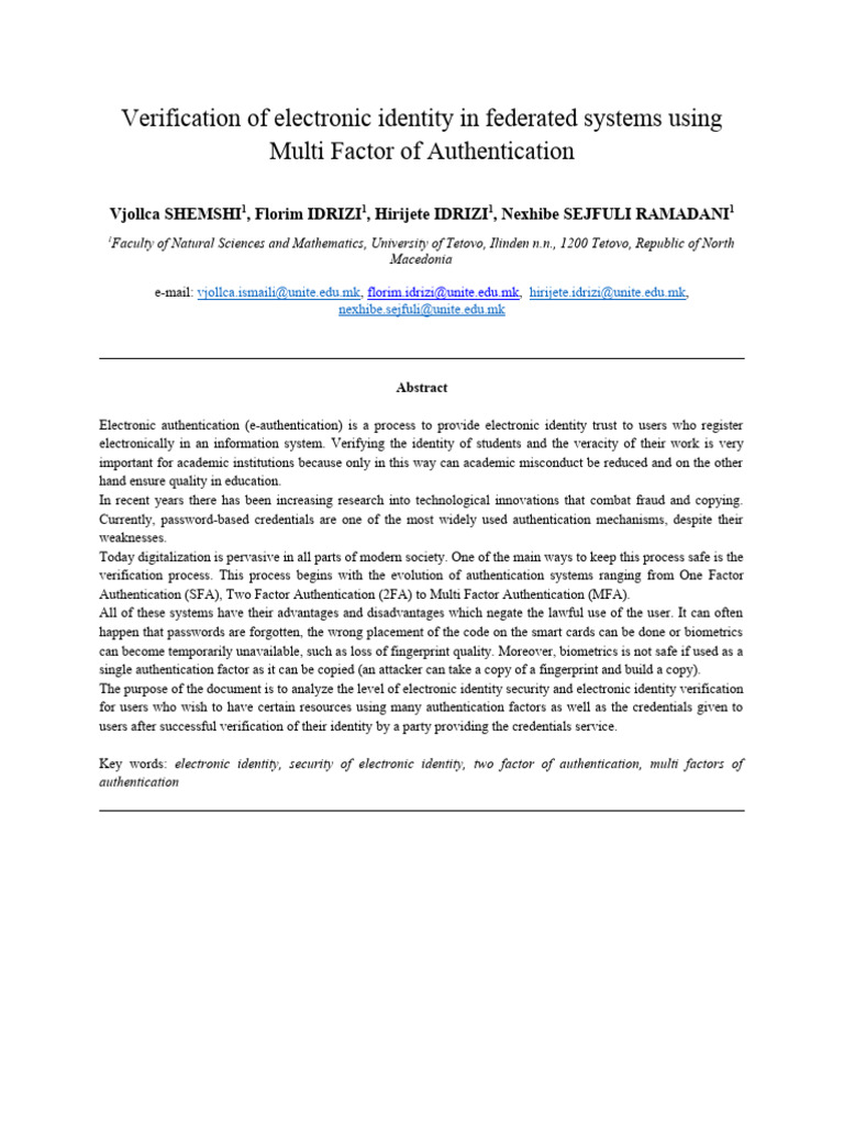 Verification of Electronic Identity in Federated Systems Using Multi Factor of Authentication | PDF