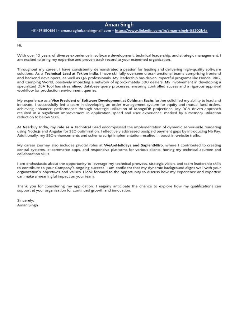 Aman Singh Cover Letter | PDF