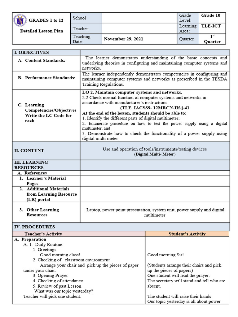 Grade 10 ICT Lesson Plan: Digital Multimeter | PDF | Usb | Learning