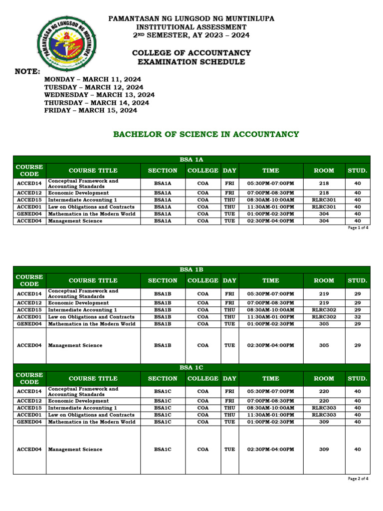 Coa Exam Schedule Midterm 2ND Sem 2023 2024 | PDF