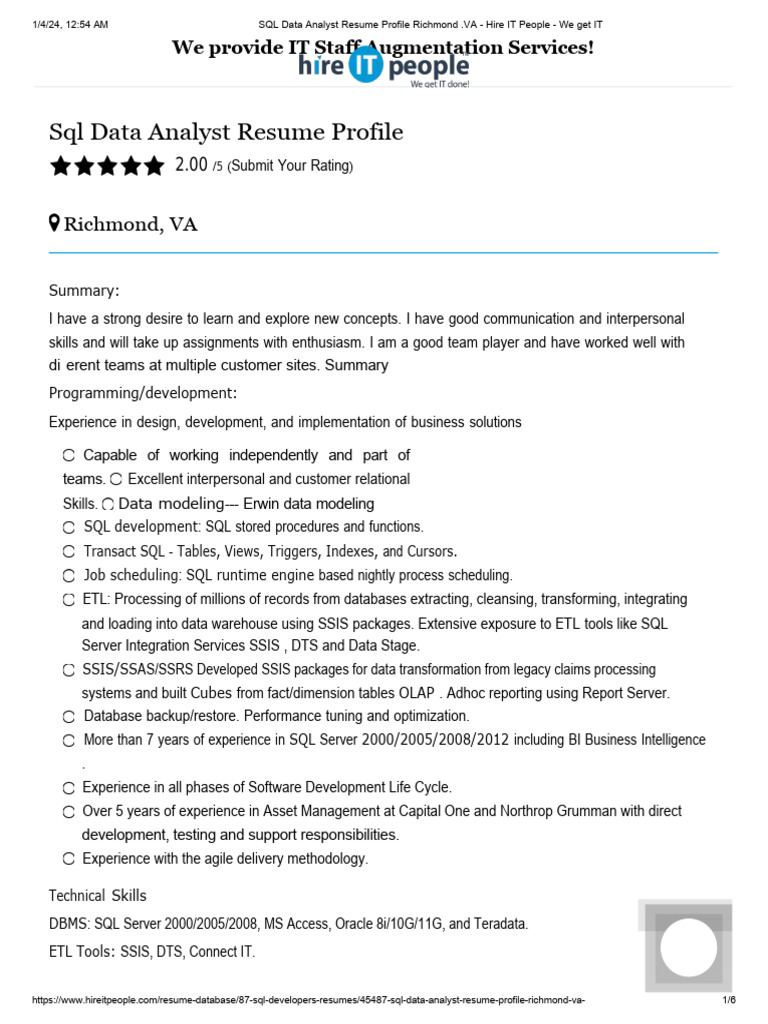 SQL Data Analyst Resume Profile Richmond .VA - Hire IT People - We Get ...