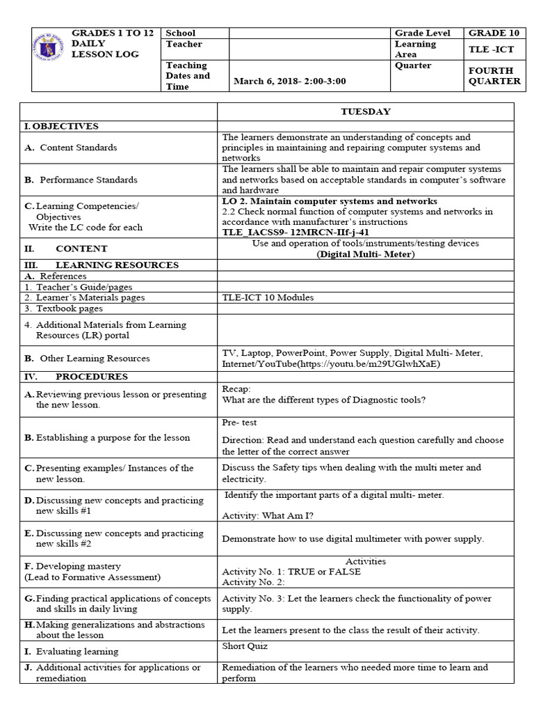 Grade 10 TLE-ICT Daily Lesson Log | PDF | Learning | Cognition