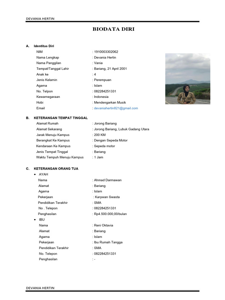 Biodata Devania Hertin Lengkap | PDF