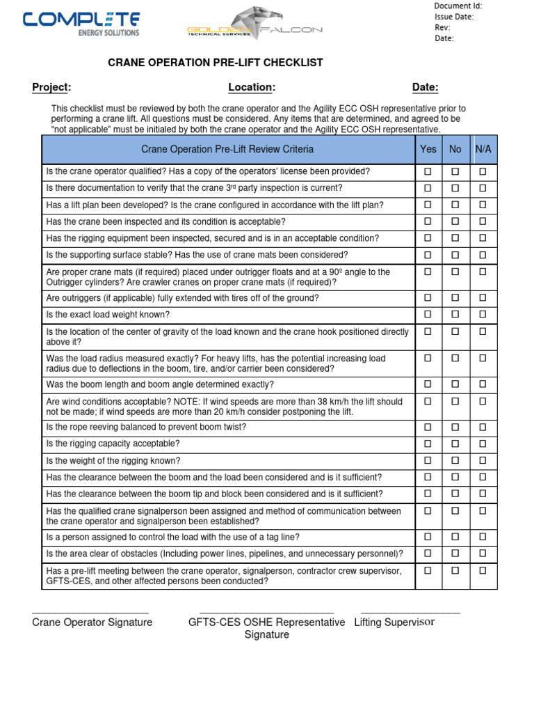 EHS-GFTS-CES. Crane Operation Pre-Lift Checklist.. | Download Free PDF ...