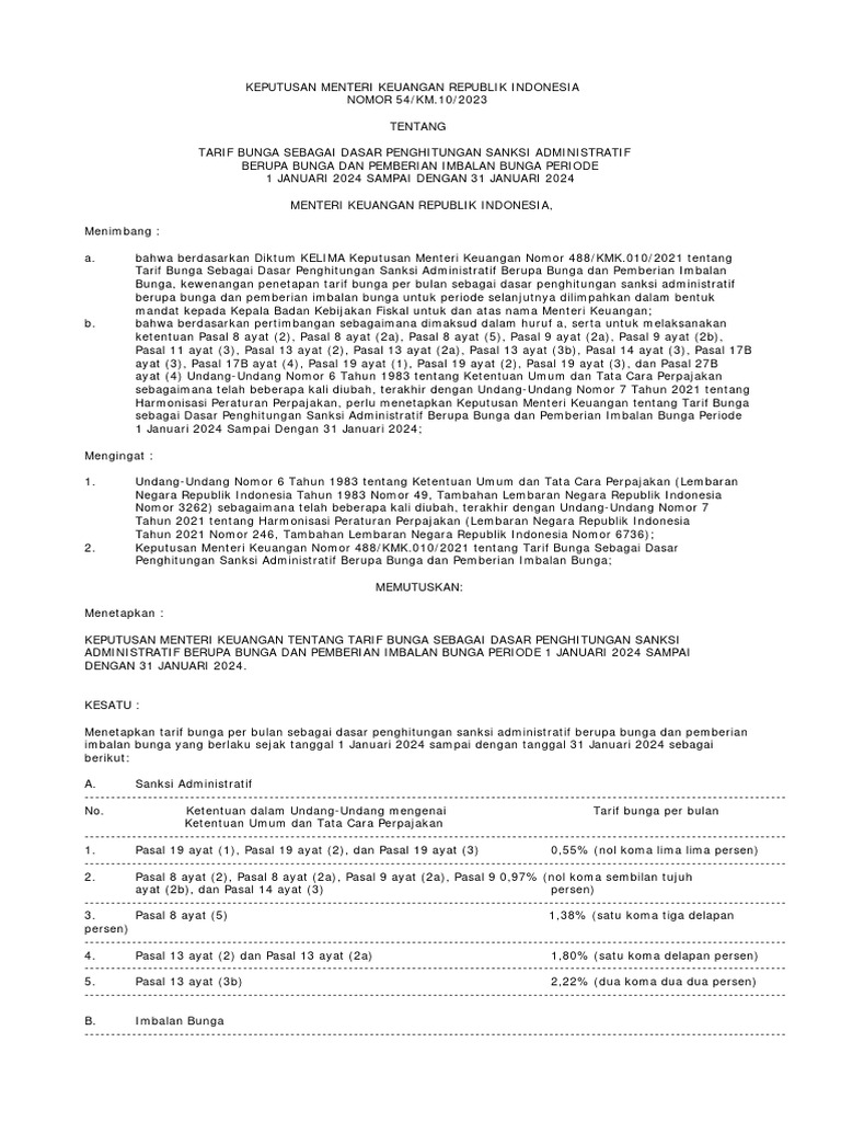 Tarif Bunga Sanksi Administratif 2024 | PDF