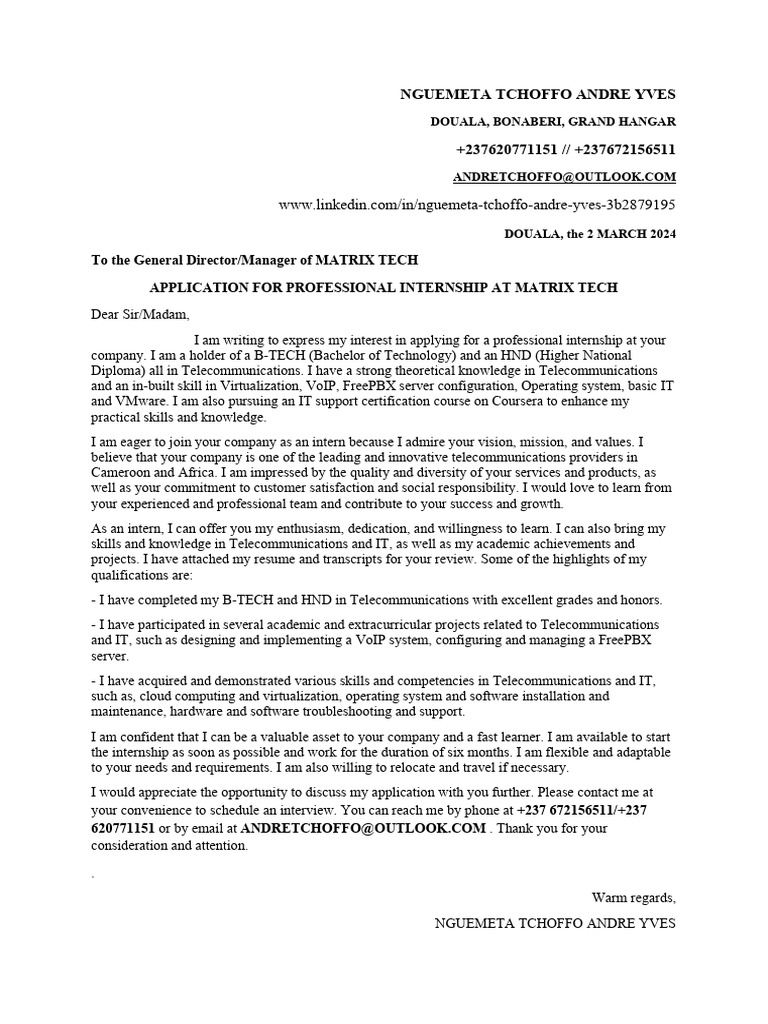 Application For Professional Internship at Matrix Tech | PDF | Learning ...