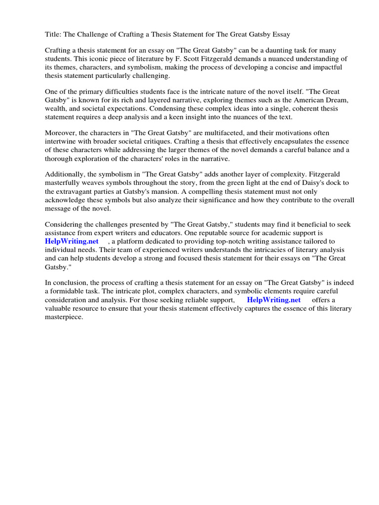 Thesis Statement For The Great Gatsby Essay | PDF | Games & Activities ...