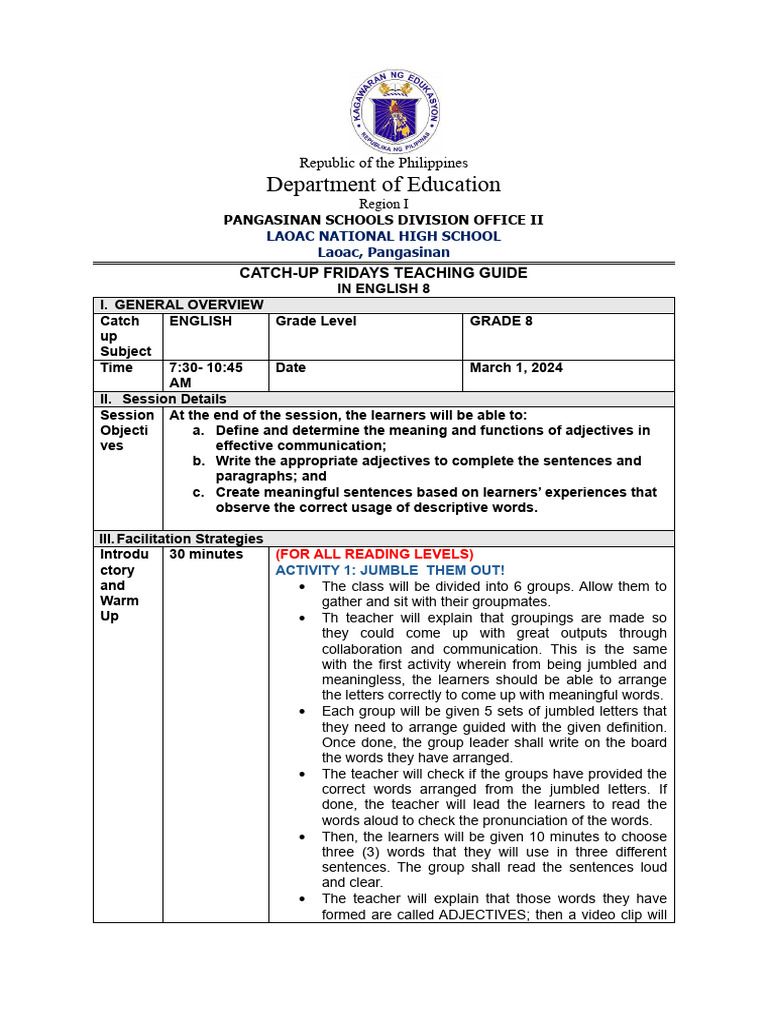 3 - Catch Up Fridays Teaching Guide English 8 2024 | PDF | Career ...