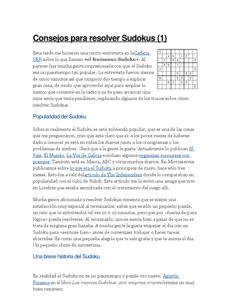 Consejos para Resolver Sudokus | Descargar gratis PDF | Juegos para un ... Consejos para Resolver Sudokus | Descargar gratis PDF | Juegos para un ...