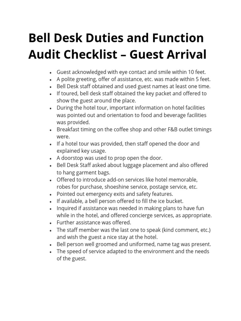 Bell Desk Duties and Function Audit Checklist | PDF