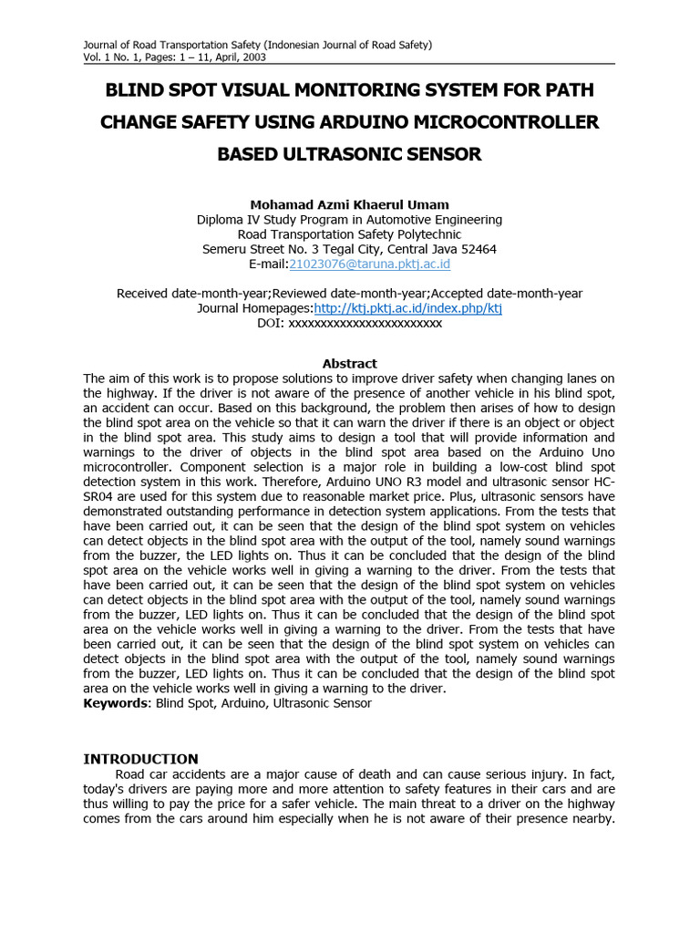 BLIND SPOT VISUAL MONITORING SYSTEM FOR PATH CHANGE SAFETY USING ARDUINO MICROCONTROLLER BASED ...