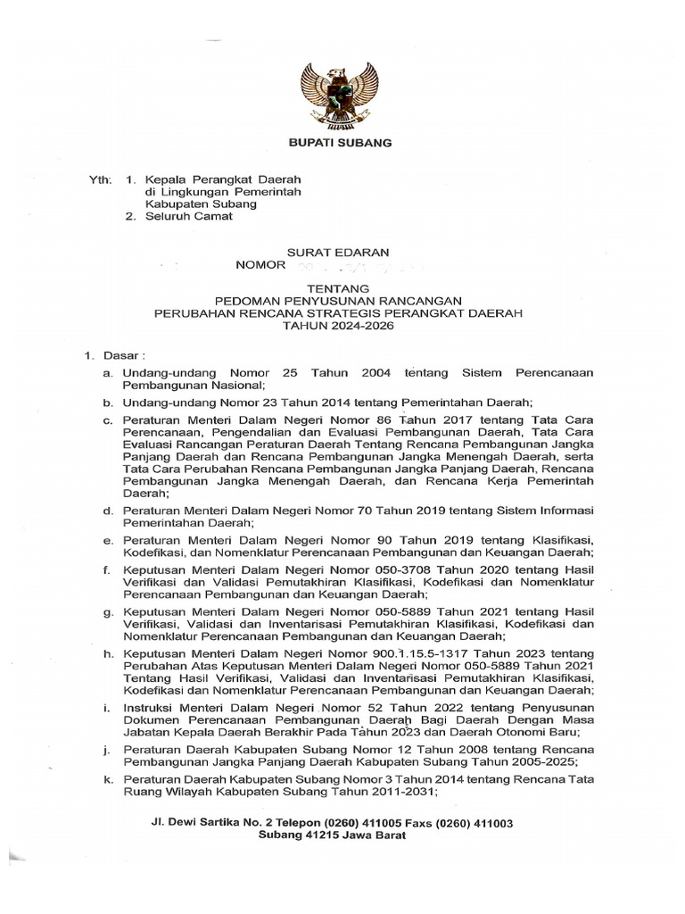 Surat Edaran Bupati Tentang Pedoman Penyusunan Rancangan Perubahan Renstra PD Tahun 2024-2026 | PDF