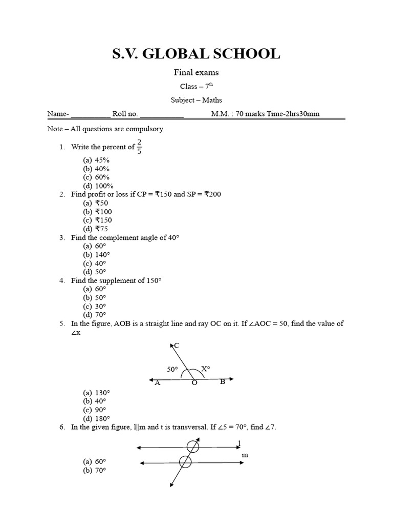 7th Maths Final Exampaper 2023-24 | PDF